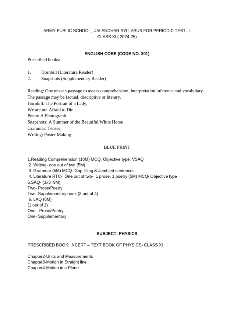 Syllabus and Blue Print XI PT I | PDF