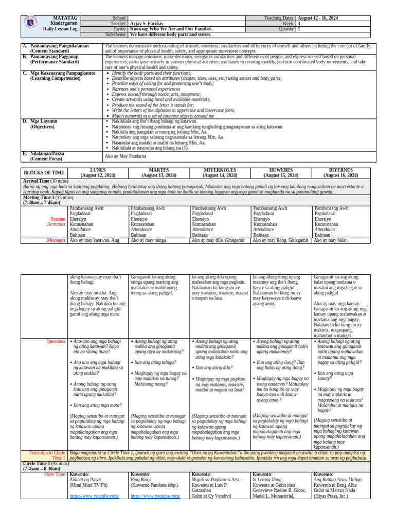 Kindergarten-Q1-Week 3-MATATAG Lesson Exemplar Asf | PDF