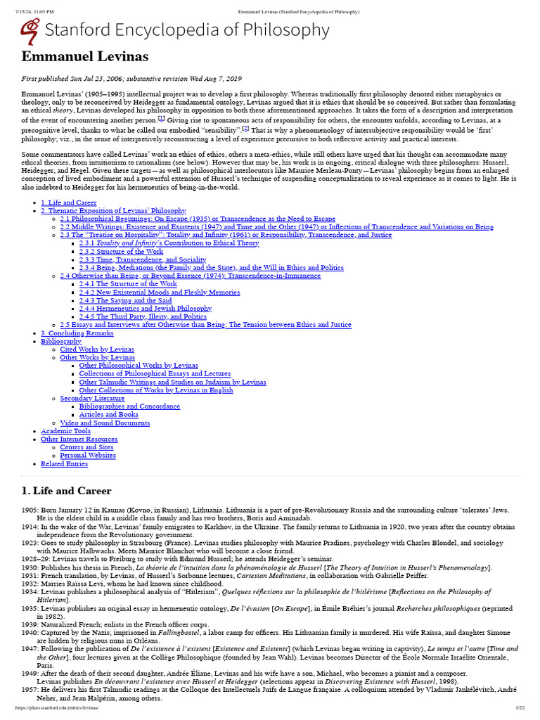 Emmanuel Levinas (Stanford Encyclopedia of Philosophy) | PDF
