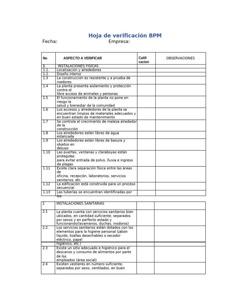 Hoja de Verificación BPM | PDF