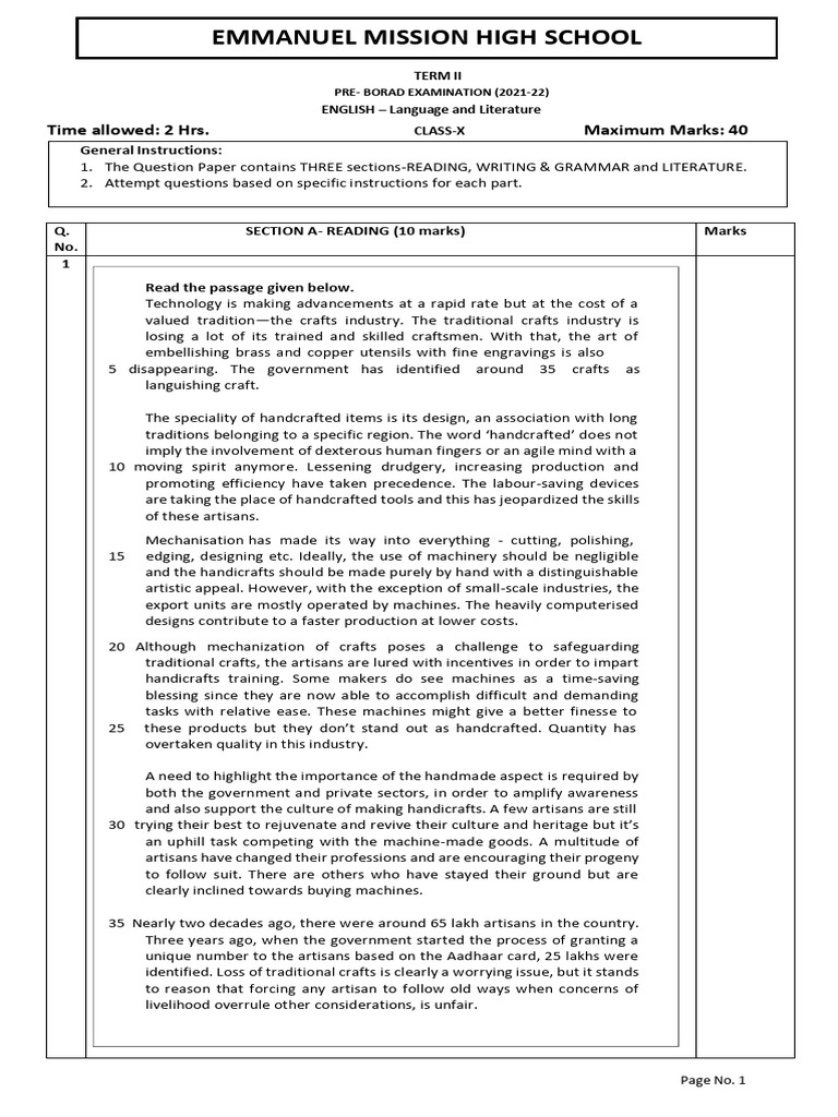 English - Class-X | PDF