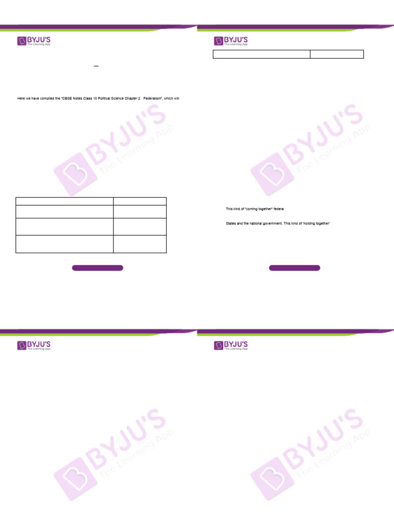 CBSE Notes Class 10 Political Science Chapter 2 - Federalism | PDF