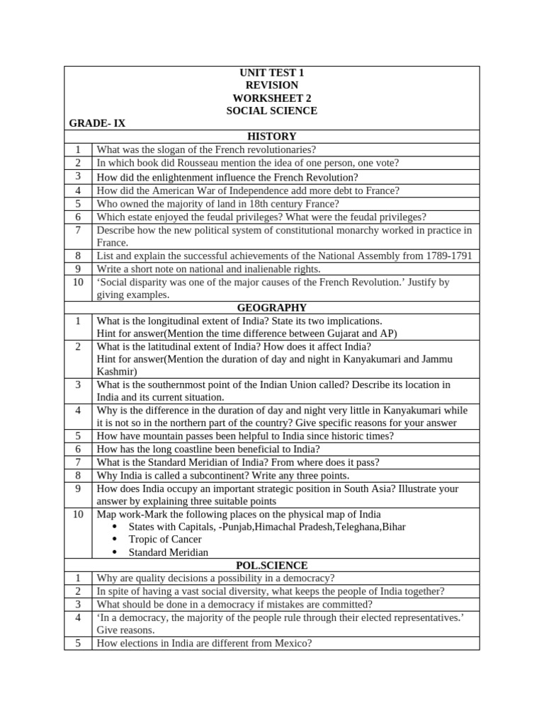 Grade 9 SST UT1 REVISION WORKSHEET | PDF