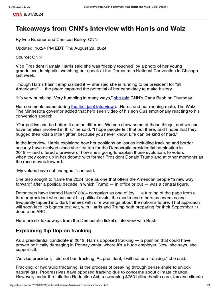 Takeaways From CNN's Interview With Harris and Walz - CNN Politics | PDF