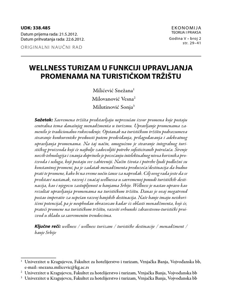 Wellness Turizam U Funkciji Upravljanja Promenama Na Turističkom ...