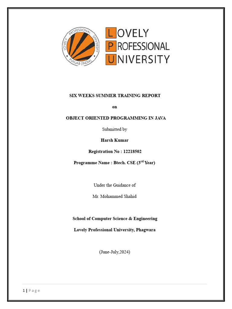 Summer Training Report Java Harsh Kumar | PDF