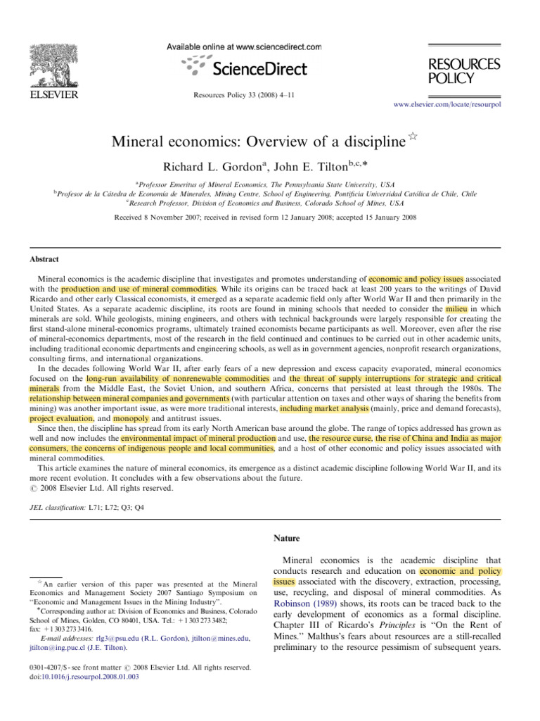 Handout 1 Mineral Economics Overview of A Discipline | PDF