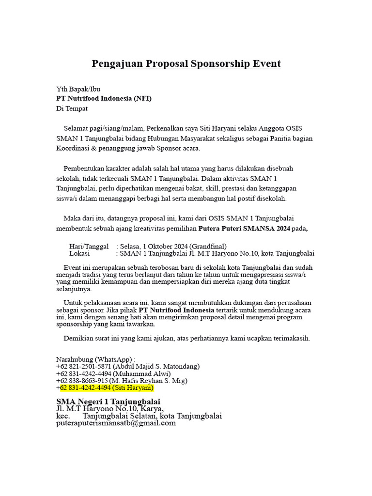 (PT Nutrifood Indonesia) Pengajuan Proposal Sponsorship Event Pemilihan ...