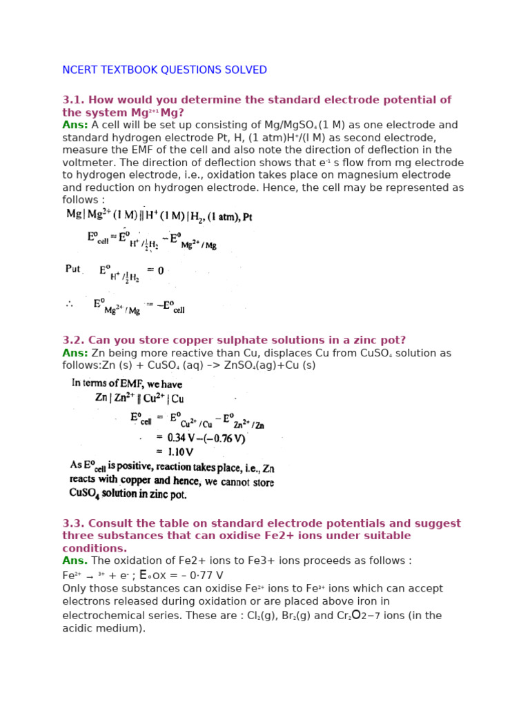 Class 12 Chemistry Chapter 2 Electro Chemistry Extentand Exercise ...