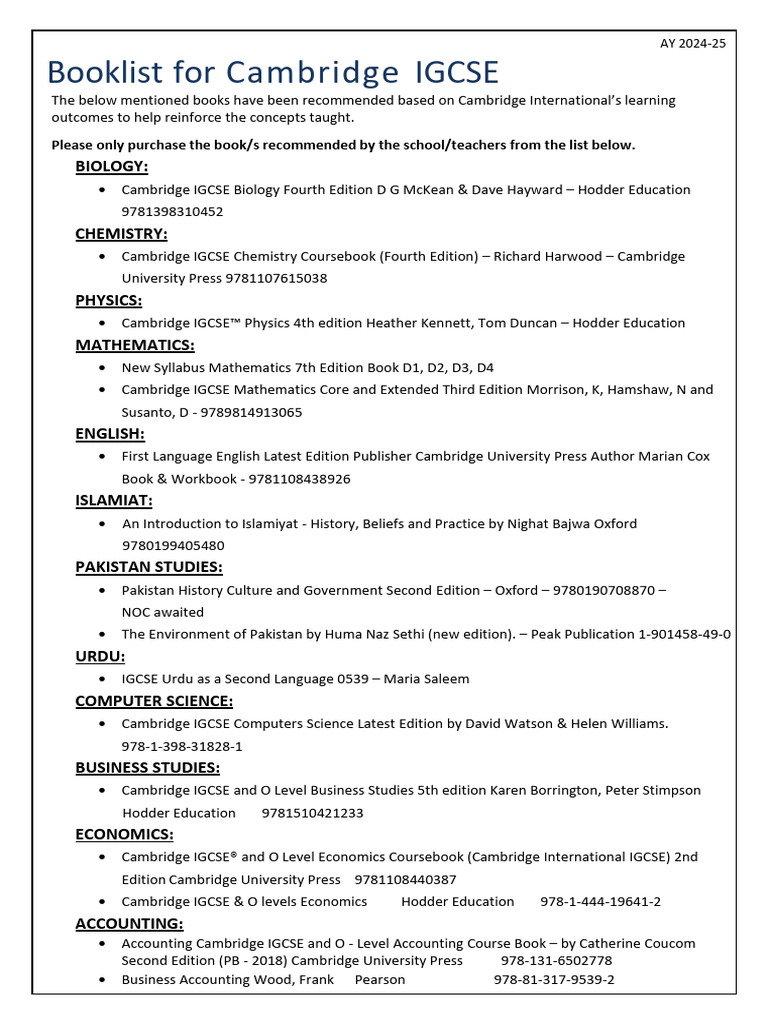IGCSE Booklist 2024-25 | PDF