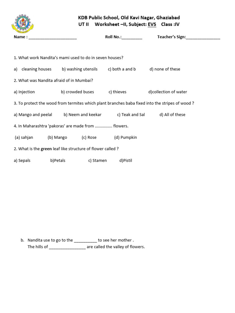 Class 4 Evs Worksheets Ut 2 24-25 | PDF