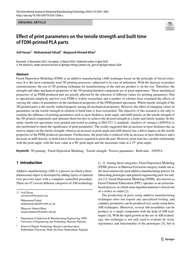 Effect of Print Parameters On The Tensile Strength and Built Time of FDM Printed PLA Parts | PDF