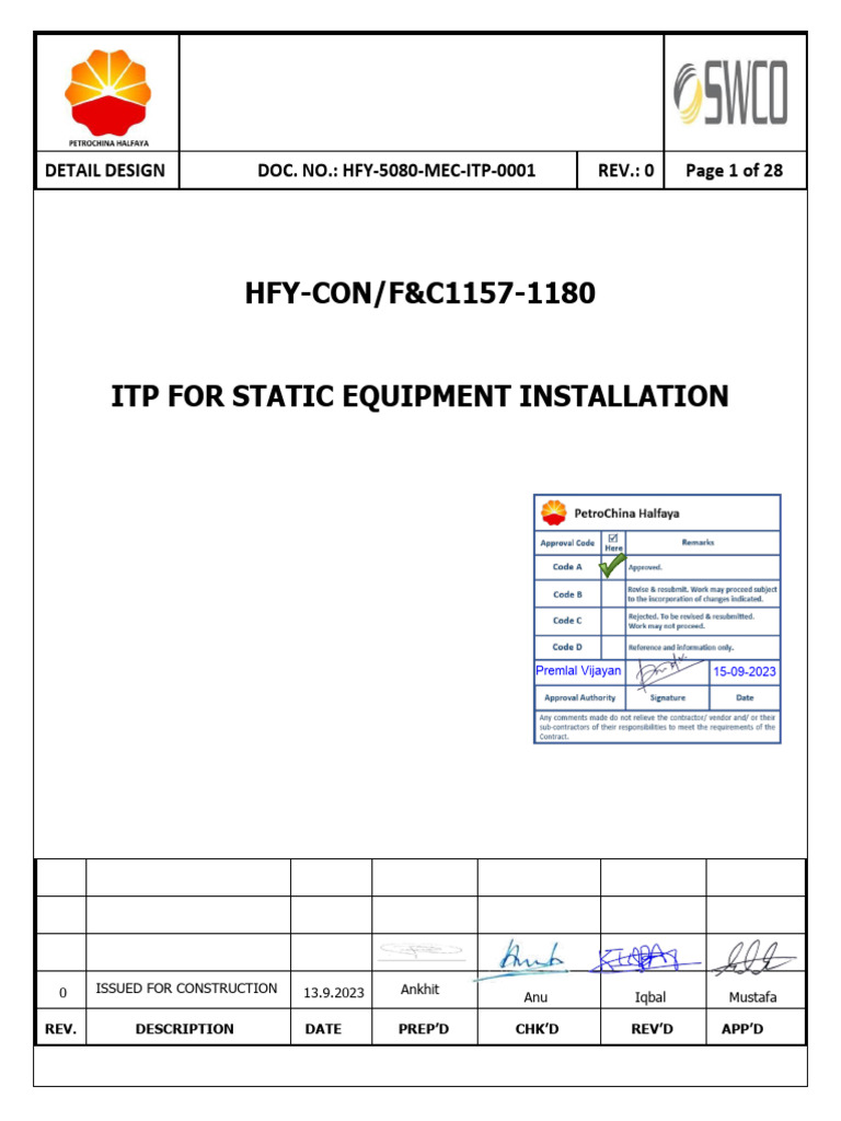 ITP For Static Equipment Installation Code-A | PDF | Specification (Technical Standard ...