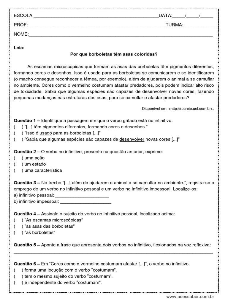 Atividade de Portugues Infinitivo Pessoal e Infinitivo Impessoal ...