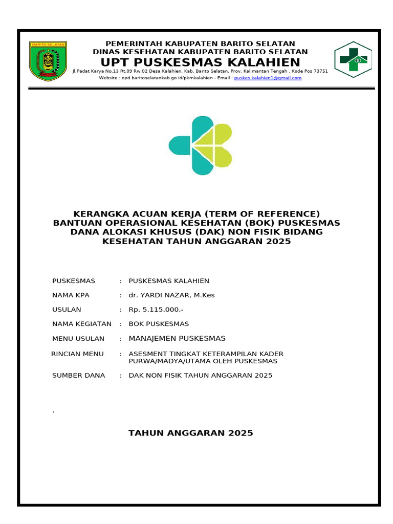 TOR 4.4 Manajemen BOK Puskesmas KALAHIEN 2025 Assessment Ket - Kader | PDF