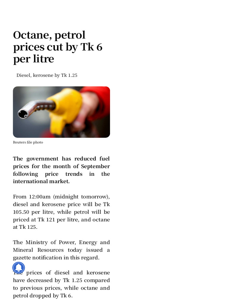 Govt Reduces Fuel Price in Bangladesh - Octane, Petrol Prices Cut by TK 6 Per Litre | PDF