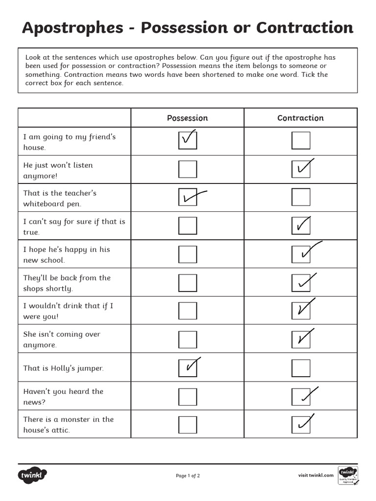 1st Apostrophes possession or contraction worksheet | PDF