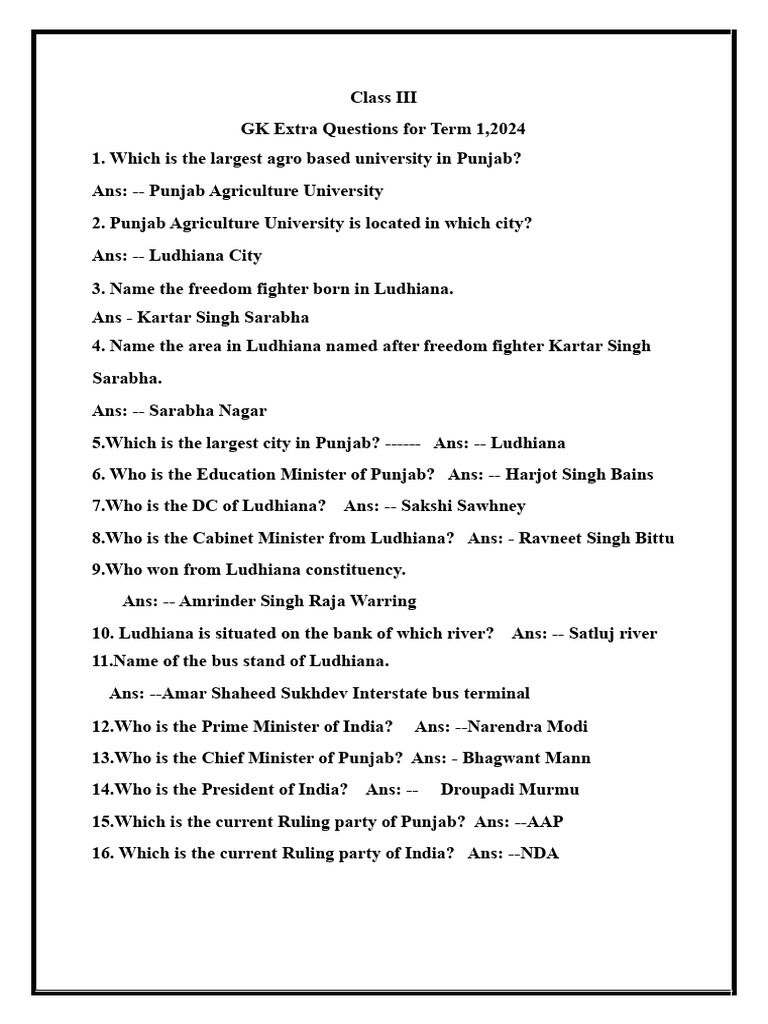 CLASS 3 GK EXTRA QUESTIONS TERM 1,2024 19.8.2024-2 | PDF