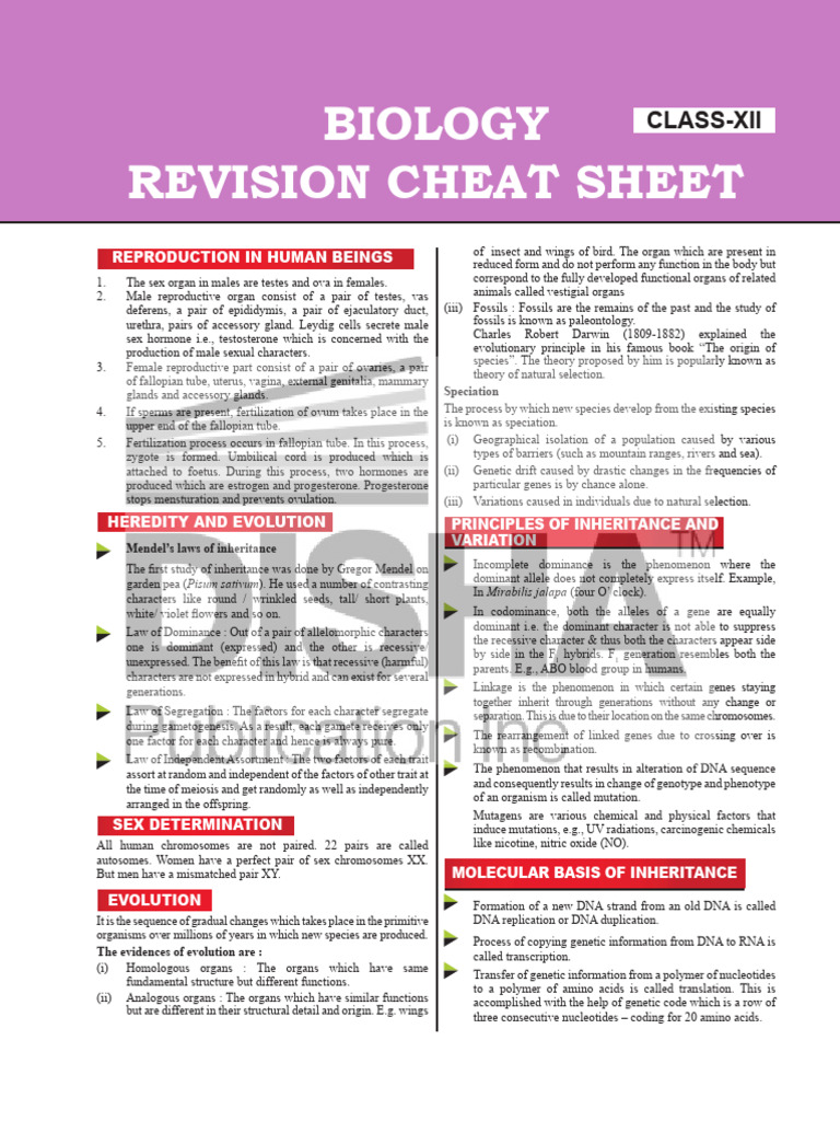 Revision Cheat Sheet Biology Class 12 | PDF