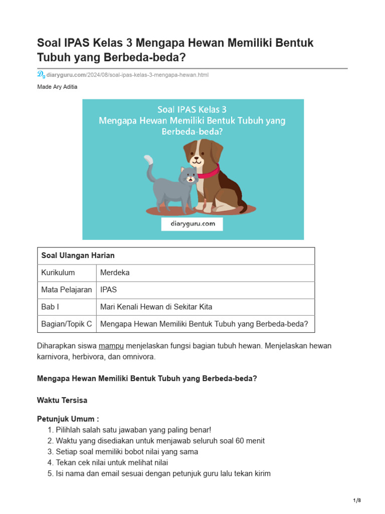 Soal IPAS Kelas 3 Mengapa Hewan Memiliki Bentuk Tubuh Yang Berbeda-Beda | PDF
