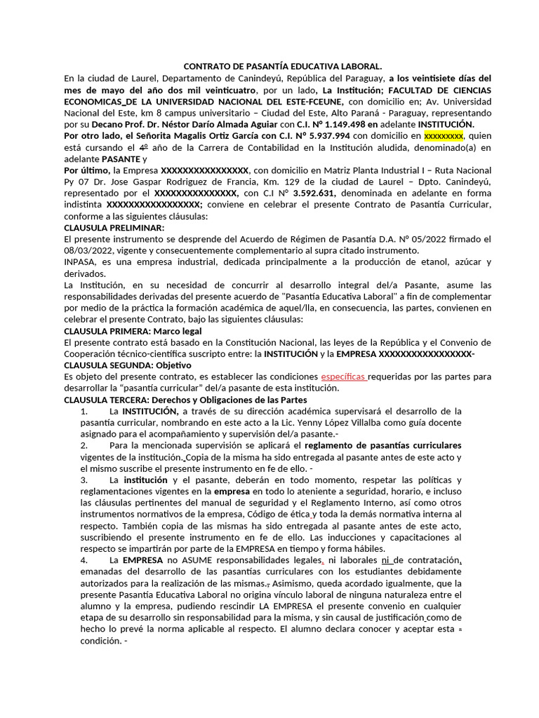 Contrato de Pasantía Educativa Laboral | PDF