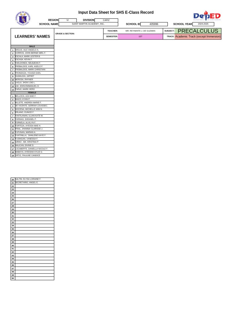 Shs e Class Record g11 Stem Precalc | PDF