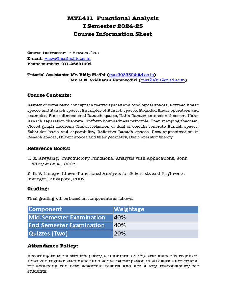 Course Information Sheet-Functional Analysis | PDF
