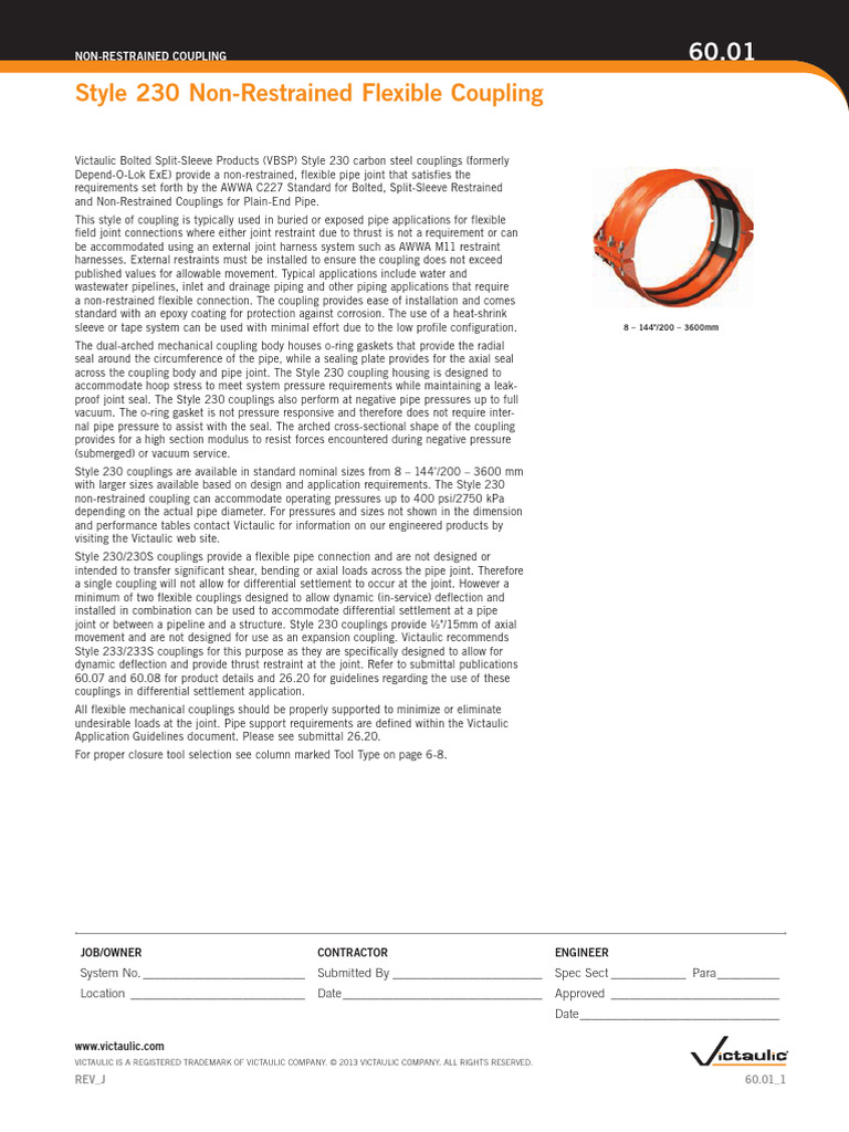 Style 230 Non-Restrained Flexible Coupling | PDF