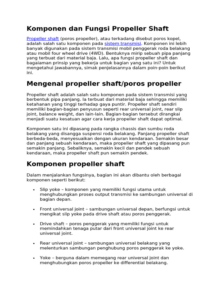 Komponen Dan Fungsi Propeller Shaft | PDF