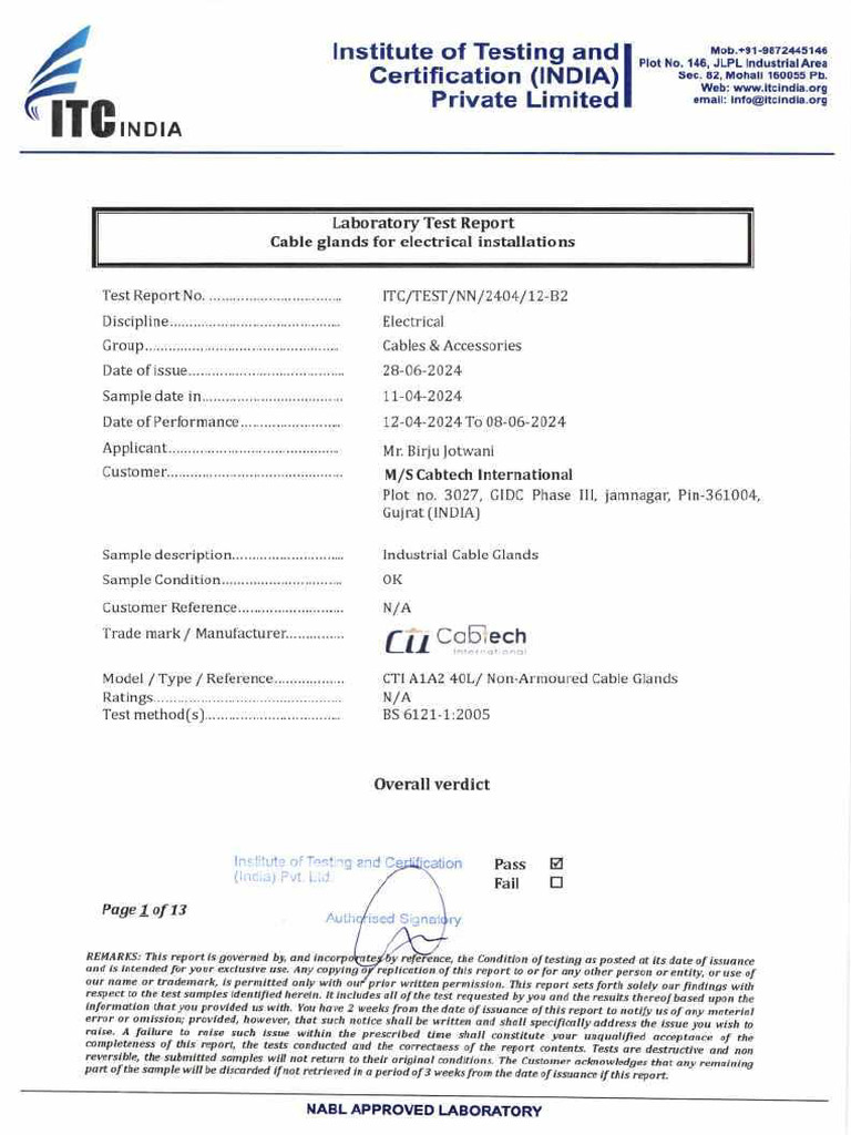 A1A2 40L Unarmoured Cable Gland Cabtech CTI - CE Test Report Per BS ...