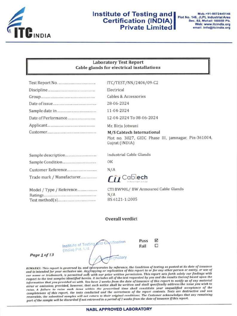 BW 90L Armoured Cable Gland Cabtech CTI Per BS 6121 Part1 IEC 62444-2010 and EN 62444-2013 - CE ...