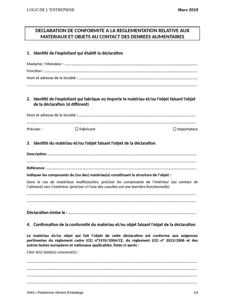 Declaration de Conformite A La Reglementation Relative Aux Materiaux Et ...