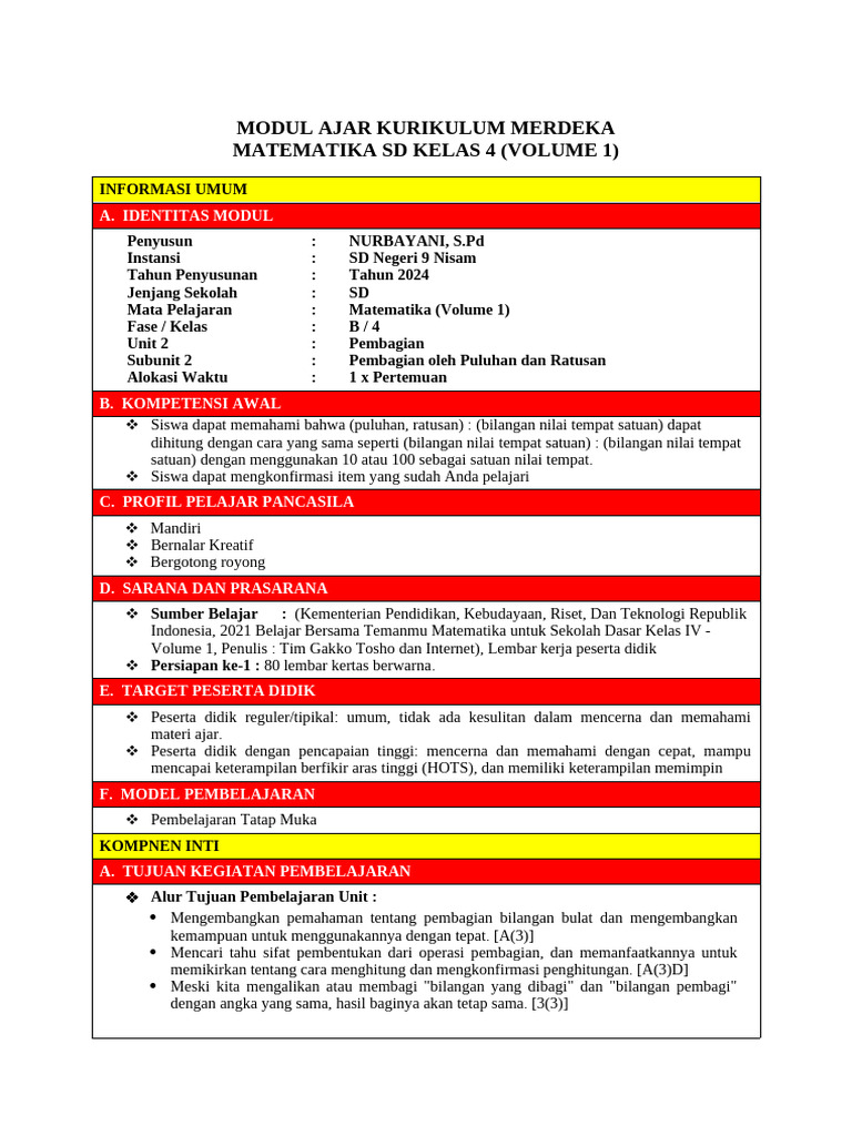 Modul Ajar MTK Unit 2... | PDF
