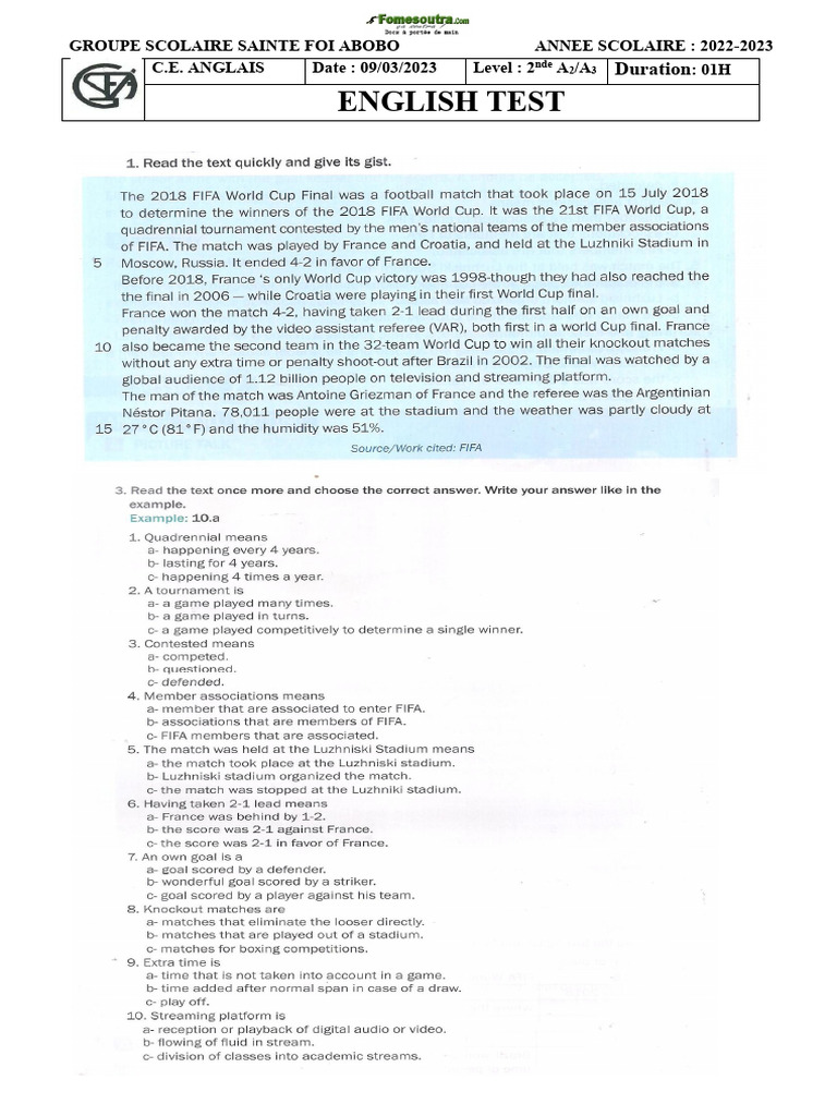 Devoir Anglais 2nde A2 | PDF