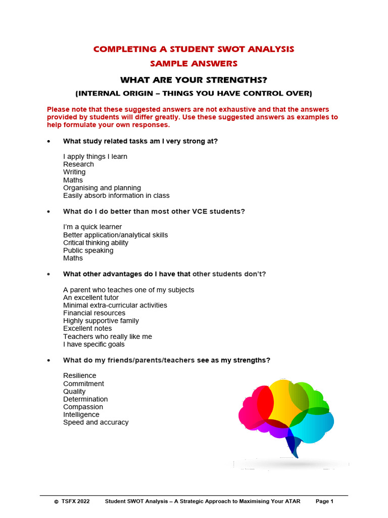 2b Student SWOT Analysis Sample Answers | PDF