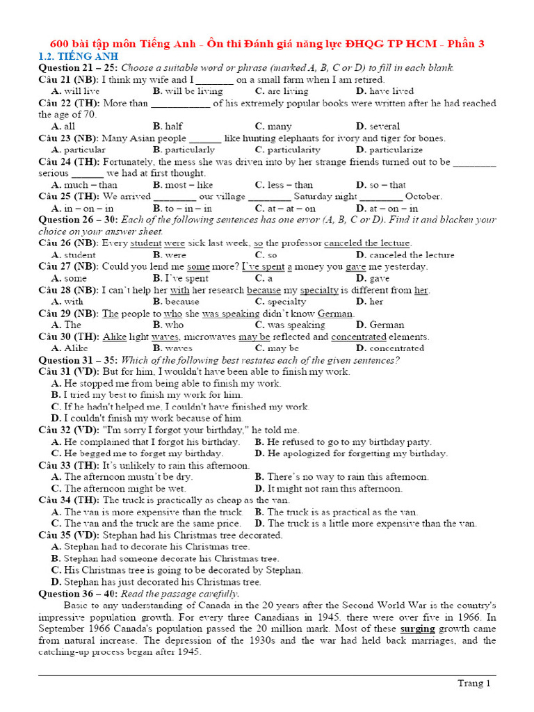 600 Bai Tap Mon Tieng Anh On Thi Danh Gia Nang Luc DHQG TP HCM Phan ...
