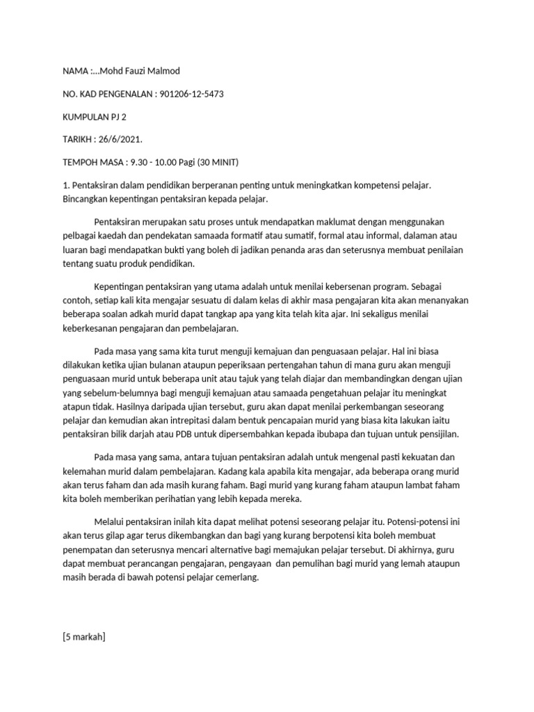 Kepentingan Pentaksiran Kepada Pelajar.& Ciri2 Pentaksiran Yang Baik | PDF