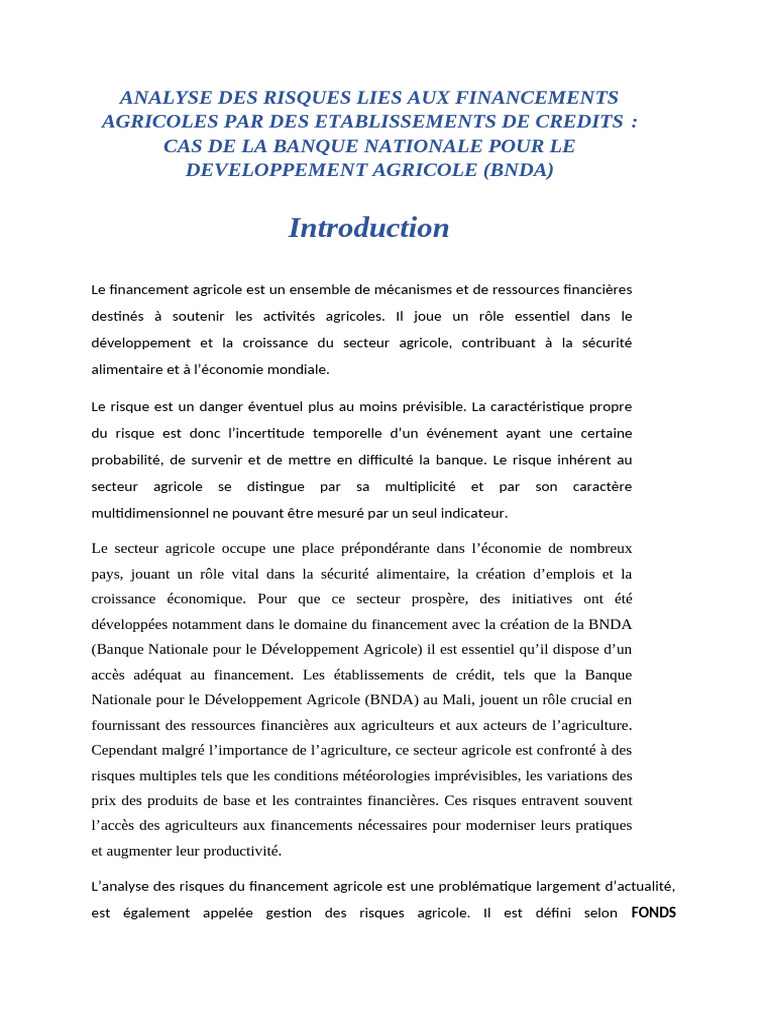 Analyse Des Risques Lies Aux Financements Agricoles Par Des Etablissements de Credits-2 | PDF