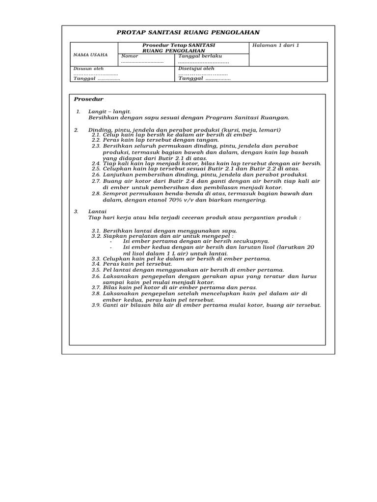 Protap Sanitasi Ruang Pengolahan | PDF