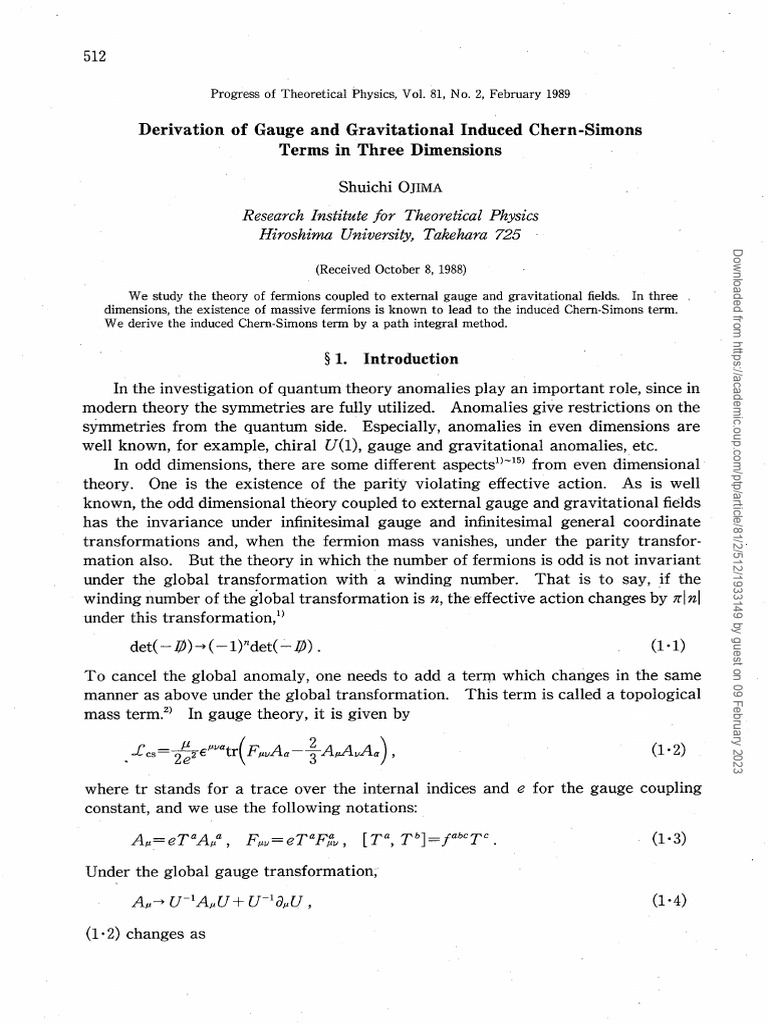 Derivation of Gauge and Gravitational Induced Chern-Simons Terms in ...