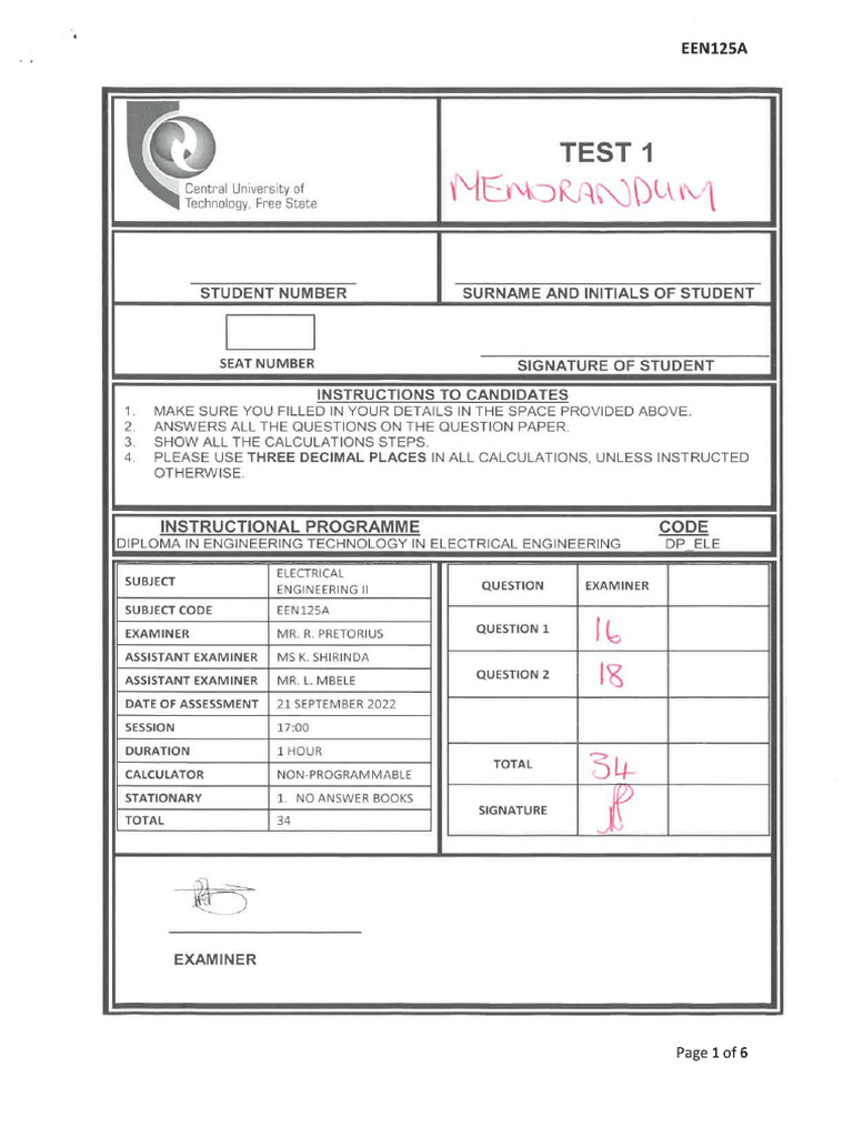 Electrical Engineering II-EEN125A-S2-2022-Memo | PDF
