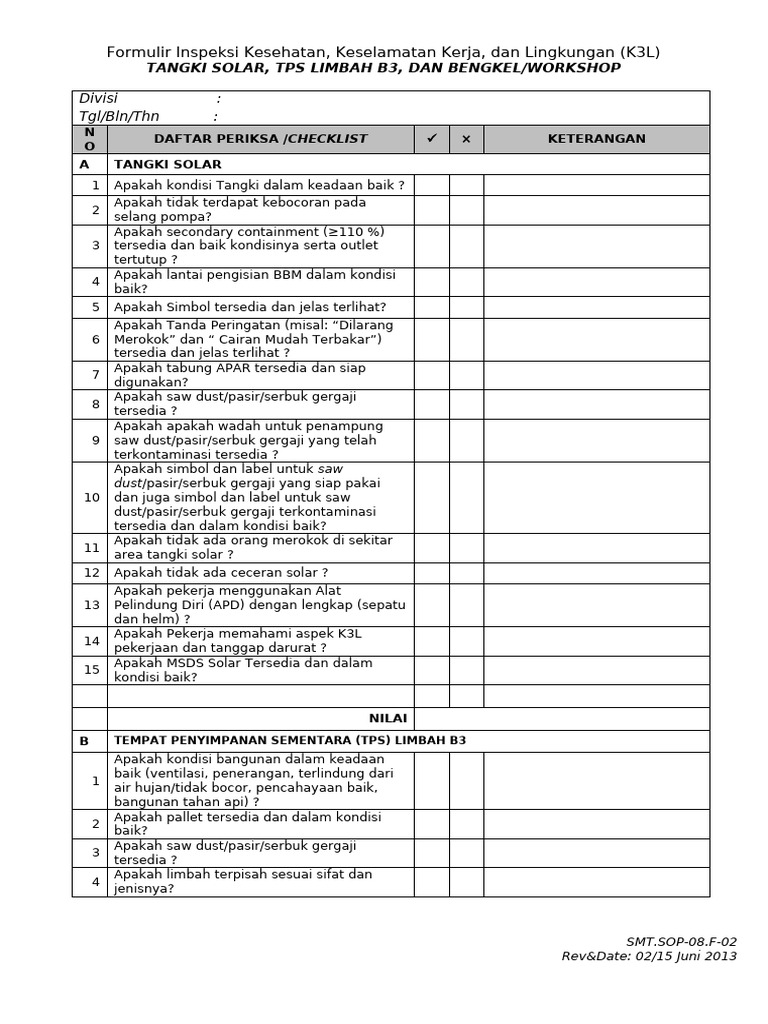 SMT - SOP-08.F-02 Formulir Inspeksi K3L Bulanan-Tangki Solar, Limbah B3 Dan Bengkel-Rev02 | PDF