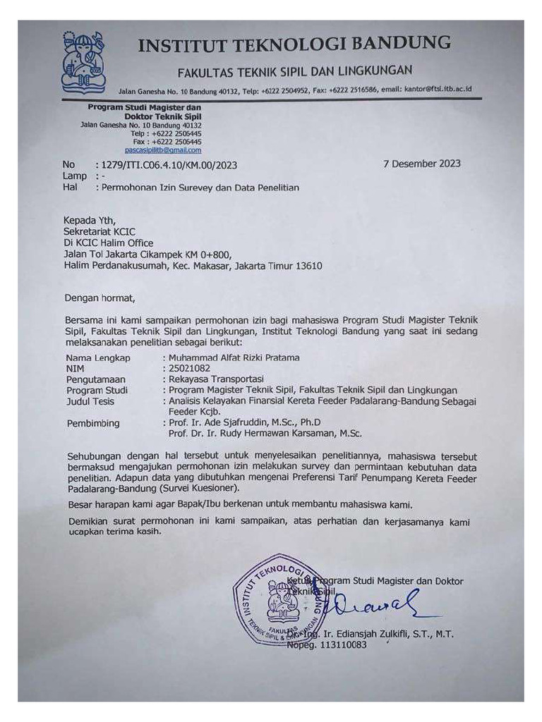 2023.12.07 ITB 1279 Permohonan Izin Survey Dan Data Penelitian (Muhammad Alfat Rizki Pratama) | PDF