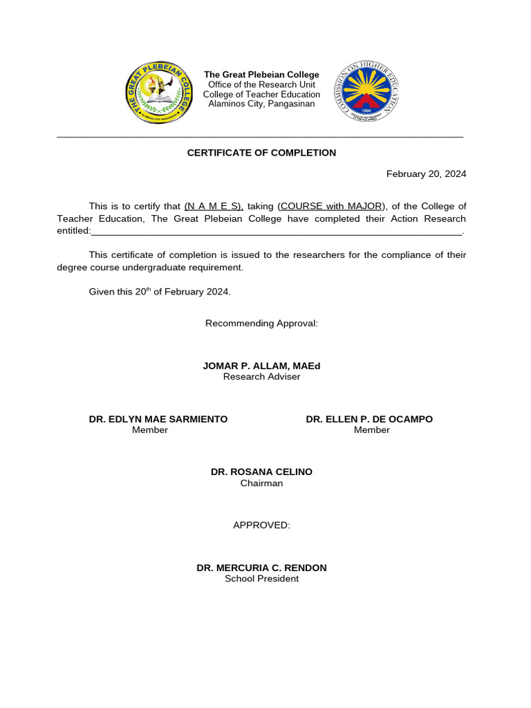 Certificate of Completion - Action Research | PDF | Wellness