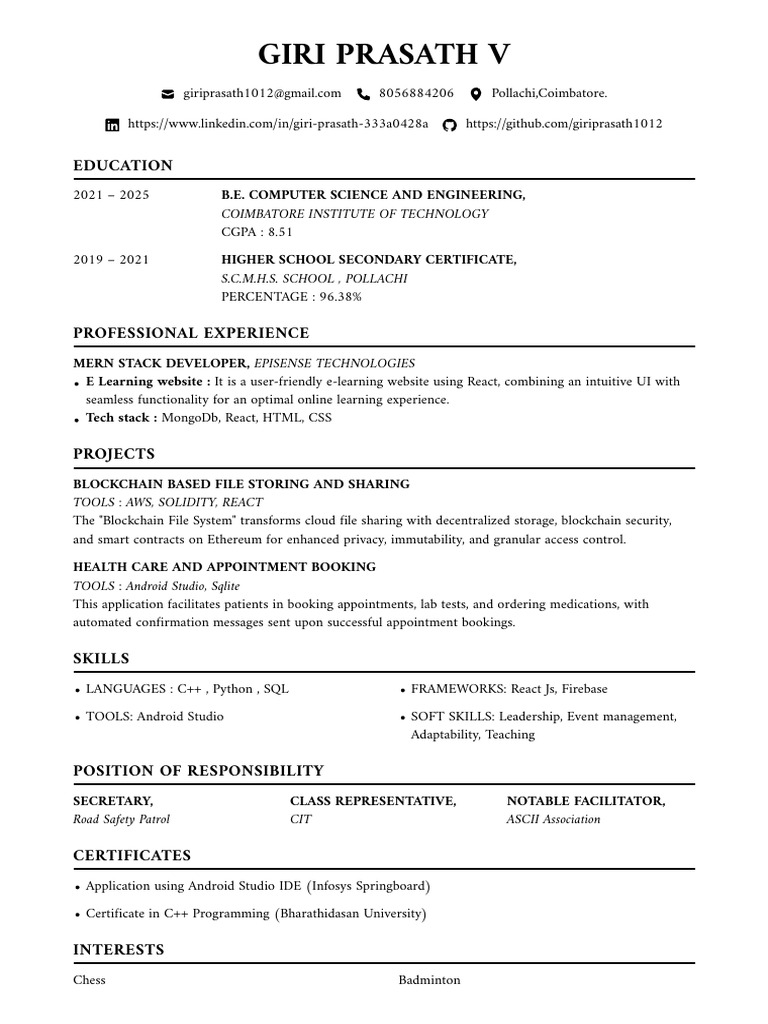 GIRI PRASATH V FlowCV Resume 20240805 | PDF