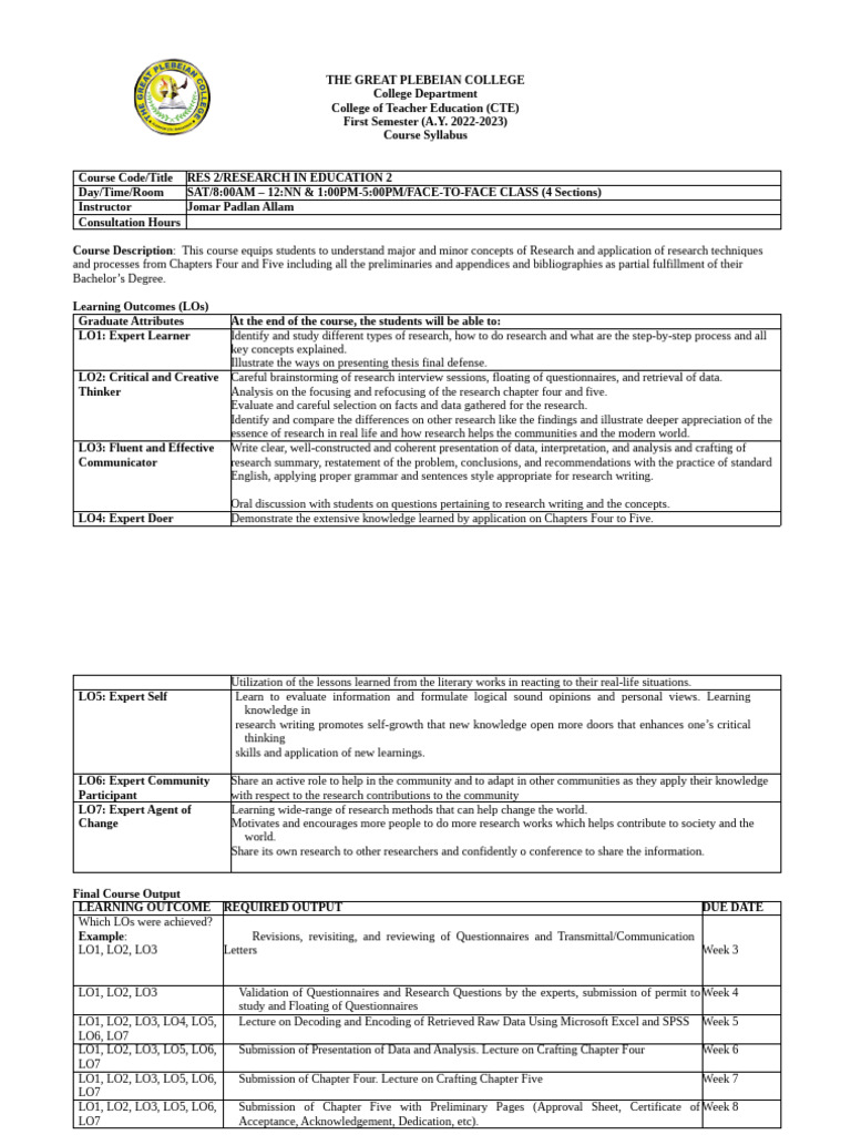 Course - Syllabus - Res1 - Research in Education 1 Set C | PDF | Cognition