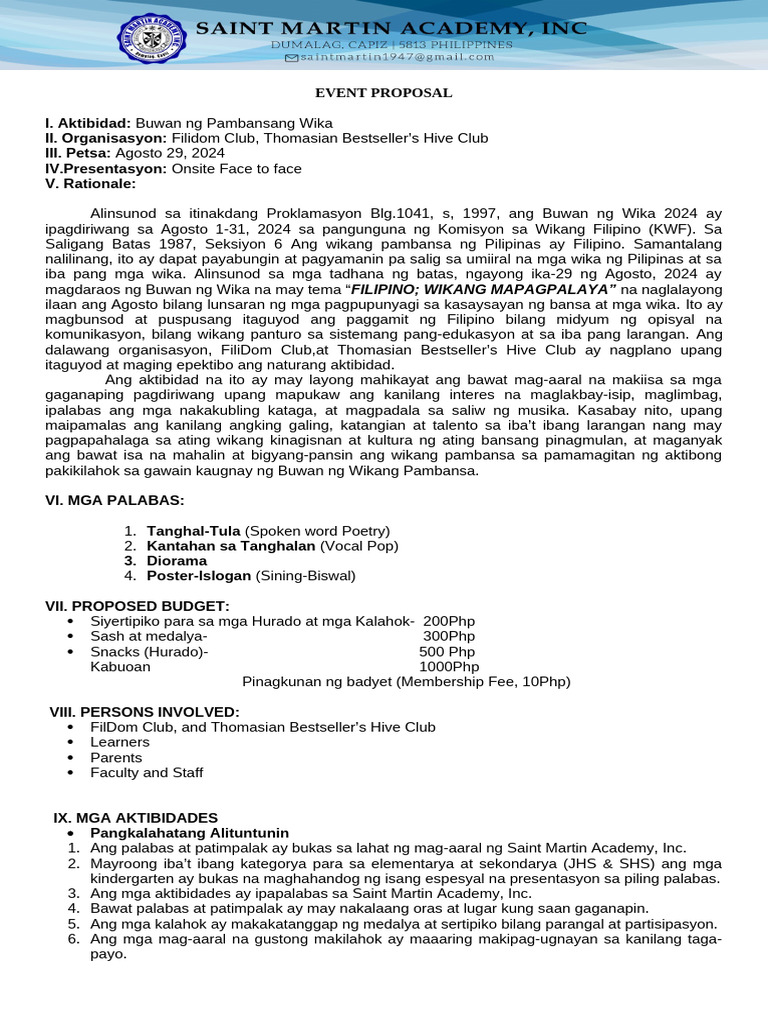 Buwan NG Wika Event Proposal 1 | PDF