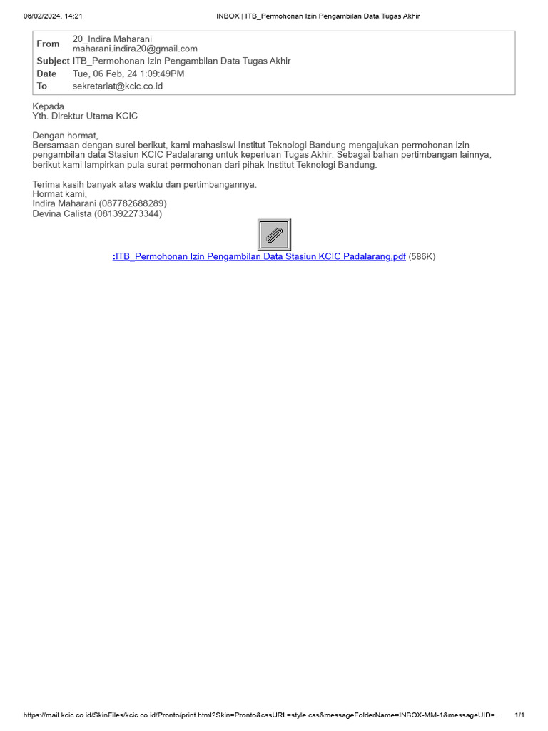 2024.02.02 ITB FTSL 234 Permohonan Izin Pengambilan Data Stasiun KCIC Padalarang | PDF
