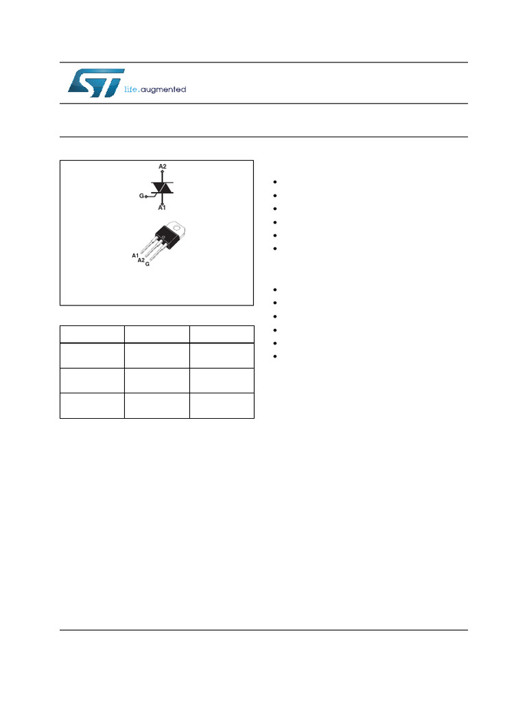 Snubberless™ Logic Level And Standard 12 A Triacs Features Pdf