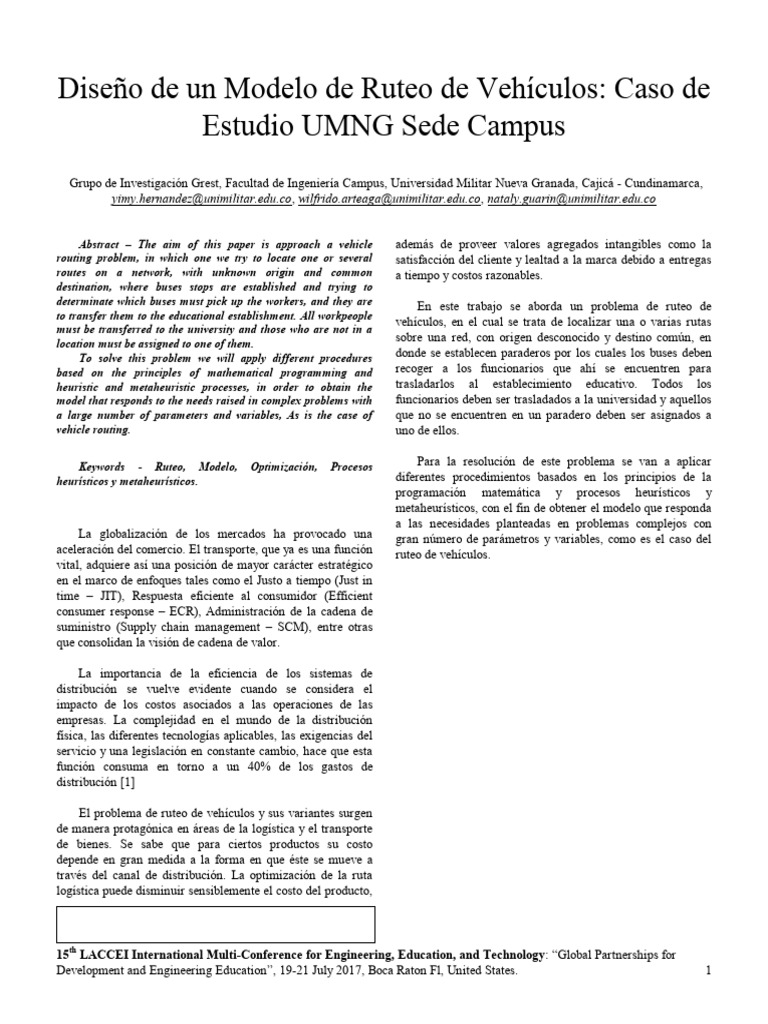 Diseño de Un Modelo de Ruteo de Vehículos - Caso de Estudio Umng Sede ...